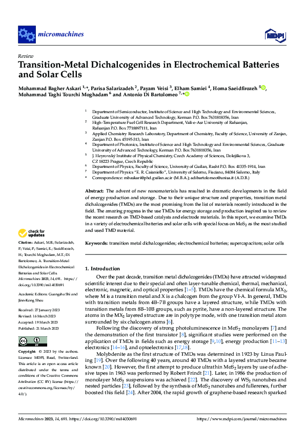 (PDF) Transition-Metal Dichalcogenides in Electrochemical Batteries and Solar Cells