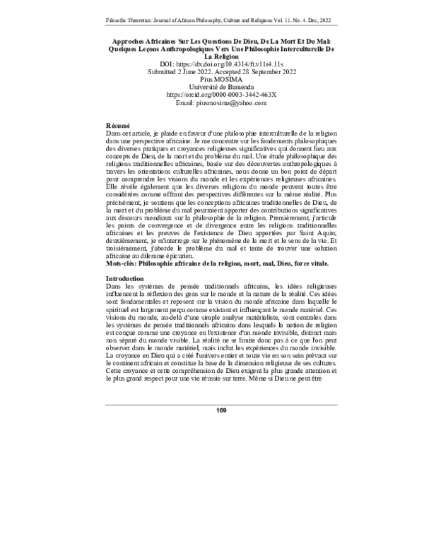 (PDF) Approches Africaines Sur Les Questions De Dieu, De La Mort Et Du ...
