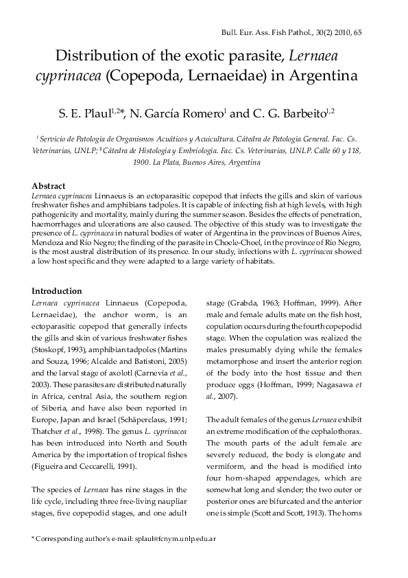 (PDF) Distribution of the exotic parasite, Lernaea cyprinacea (Copepoda ...