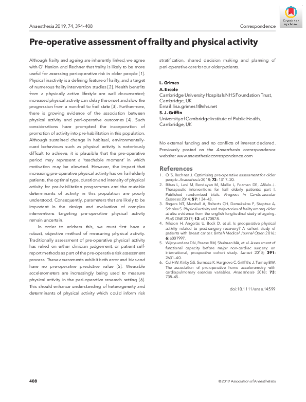 (PDF) Pre-operative assessment of frailty and physical activity