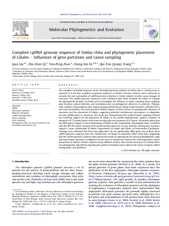 (PDF) Complete cpDNA genome sequence of Smilax china and phylogenetic ...