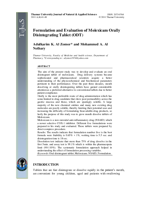(PDF) Formulation and Evaluation of Molexicam Orally Disintegrating ...
