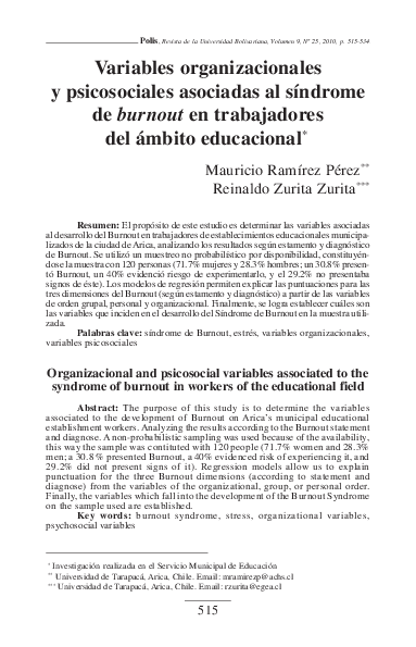 (PDF) Variables organizacionales y psicosociales asociadas al síndrome de burnout en ...