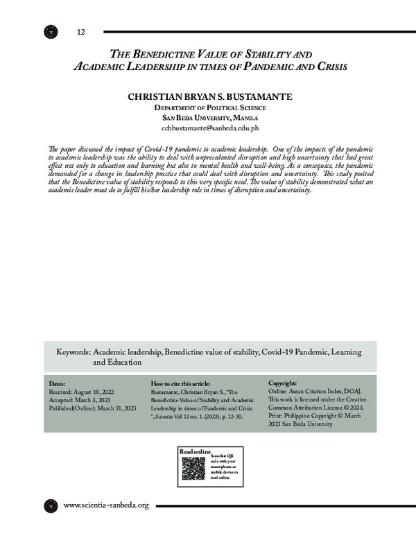 (PDF) Benedictine Value of Stability and Academic Leadership in times ...