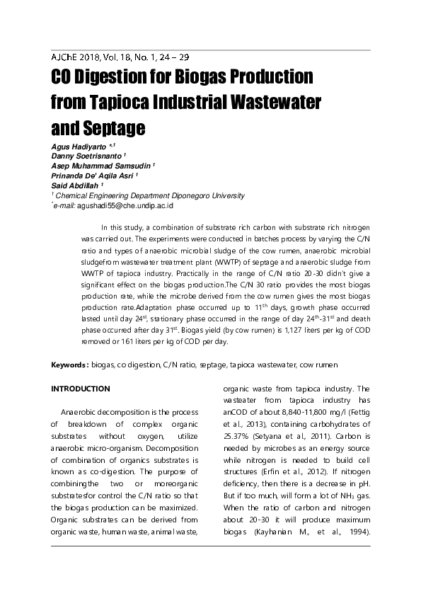 (PDF) CO Digestion for Biogas Production from Tapioca Industrial Wastewater and Septage