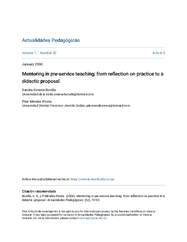 (PDF) Mentoring in pre-service teaching: from reflection on practice to a didactic proposal
