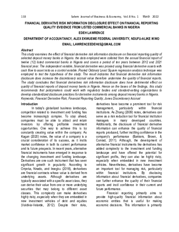 (PDF) FINANCIAL DERIVATIVE RISK INFORMATION DISCLOSURE EFFECT ON ...