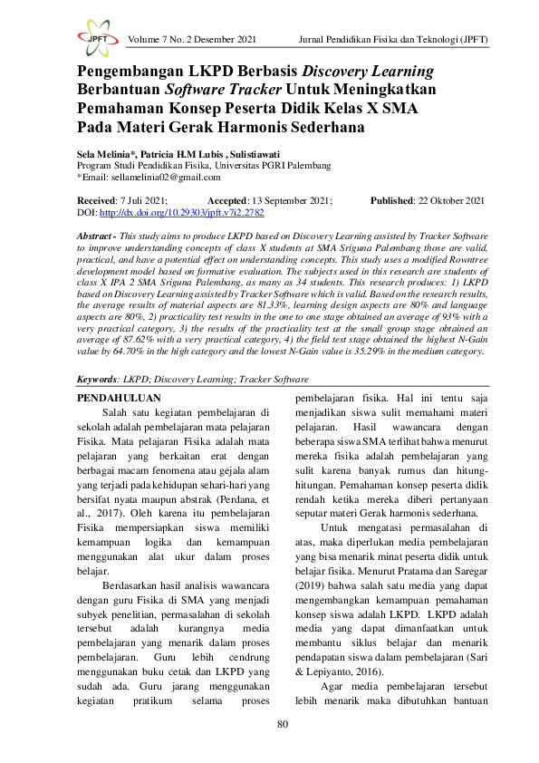 (PDF) Pengembangan LKPD Berbasis Discovery Learning Berbantuan Software Tracker Untuk ...