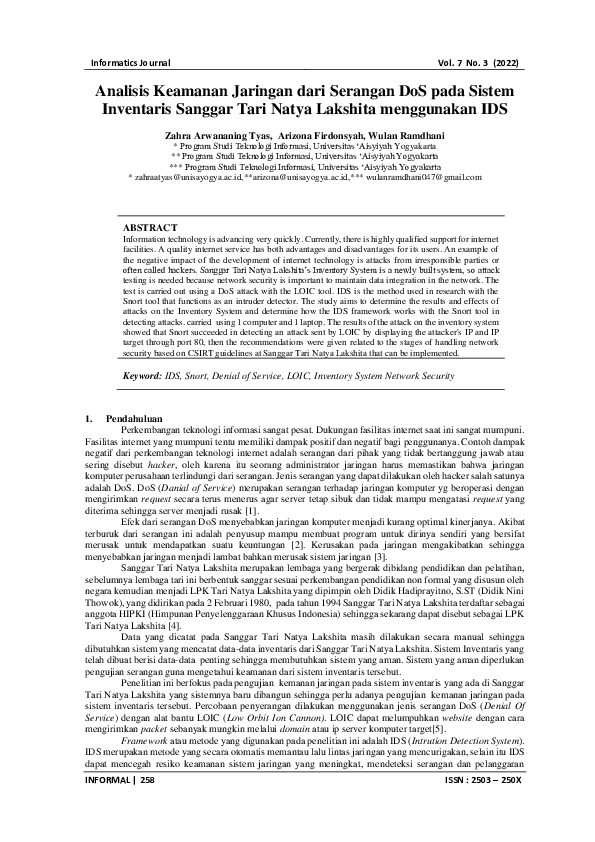 (PDF) Analisis Keamanan Jaringan dari Serangan DoS pada Sistem Inventaris Sanggar Tari Natya ...