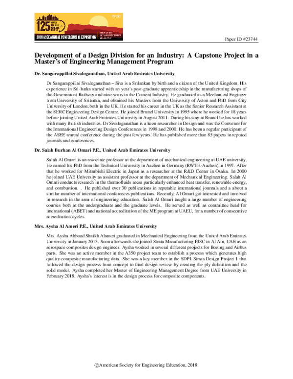 Development of a Design Division for an Industry: A Capstone Project in ...