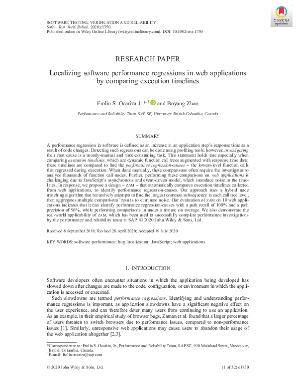 Pdf Localizing Software Performance Regressions In Web Applications By Comparing Execution