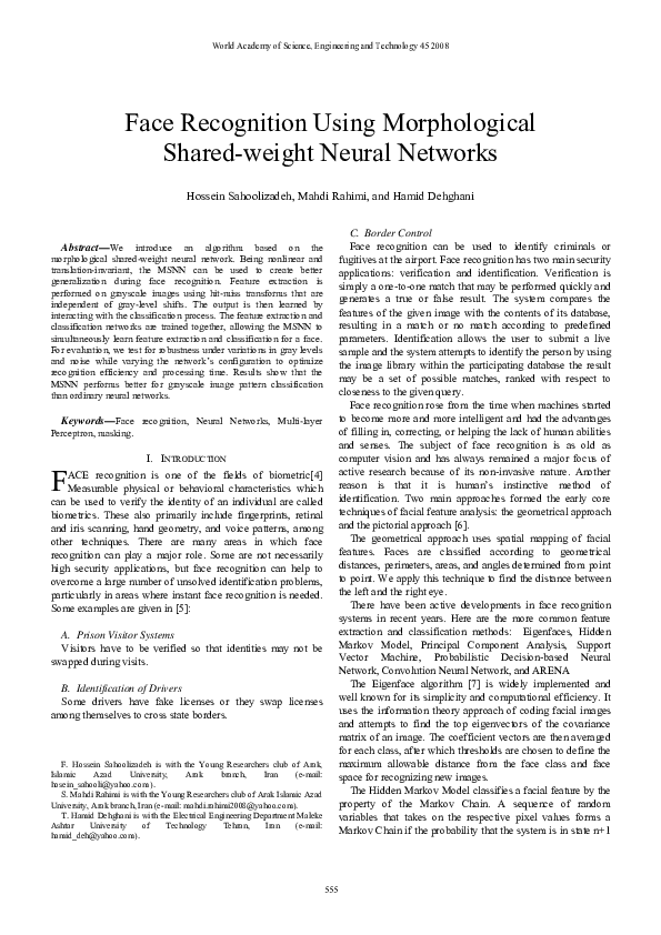 (PDF) Face Recognition Using Morphological Shared-Weight Neural Networks | Mahdi Rahimi ...