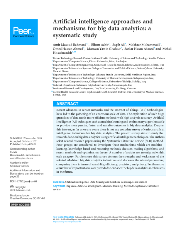 (PDF) Artificial intelligence approaches and mechanisms for big data analytics: a systematic study
