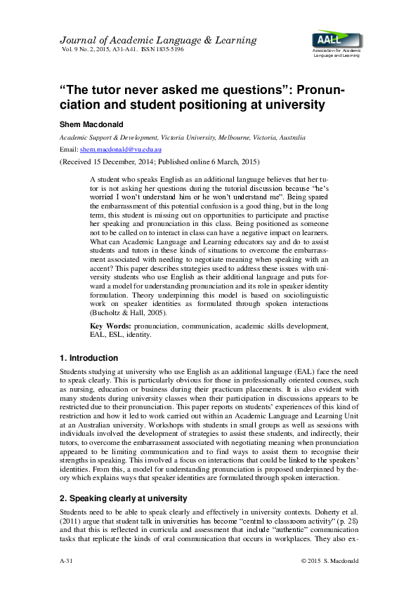 (PDF) “The tutor never asked me questions”: Pronunciation and student positioning at university