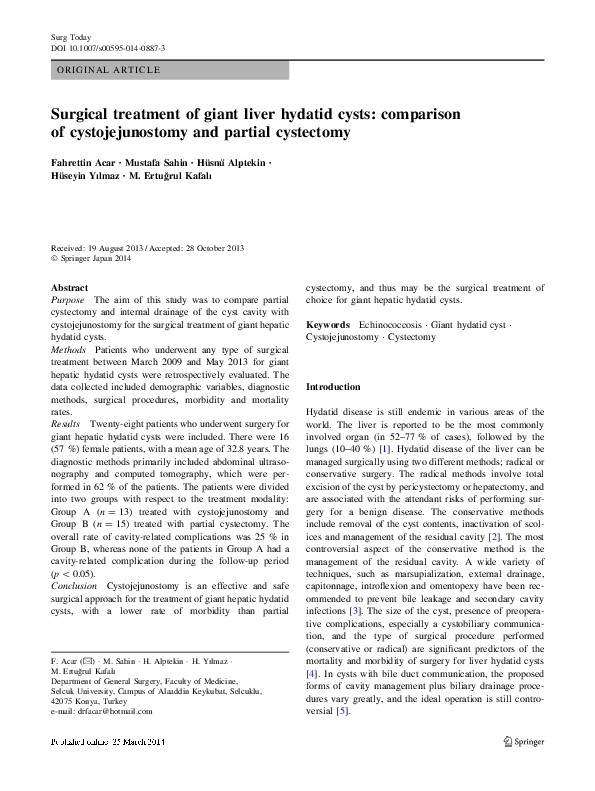 (PDF) Surgical treatment of giant liver hydatid cysts: comparison of ...