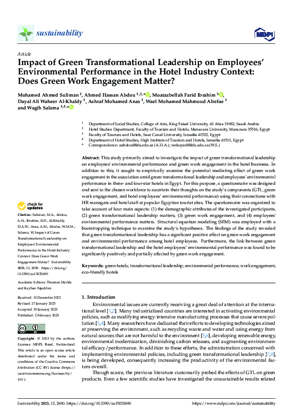 (PDF) Impact of Green Transformational Leadership on Employees’ Environmental Performance in the ...