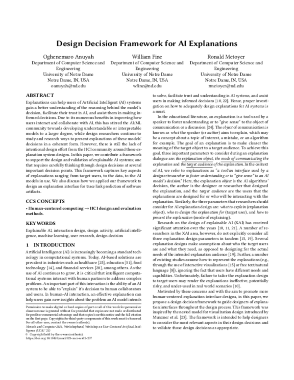 (PDF) Design Decision Framework for AI Explanations