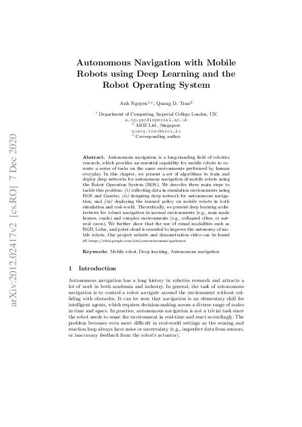 Pdf Autonomous Navigation With Mobile Robots Using Deep Learning And The Robot Operating System