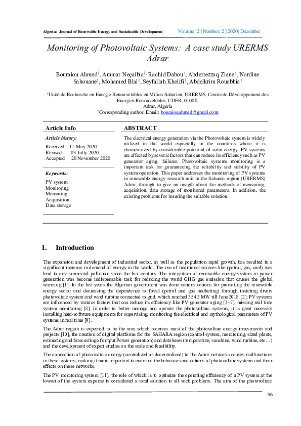 (PDF) Monitoring of Photovoltaic Systems: A case study URERMS Adrar