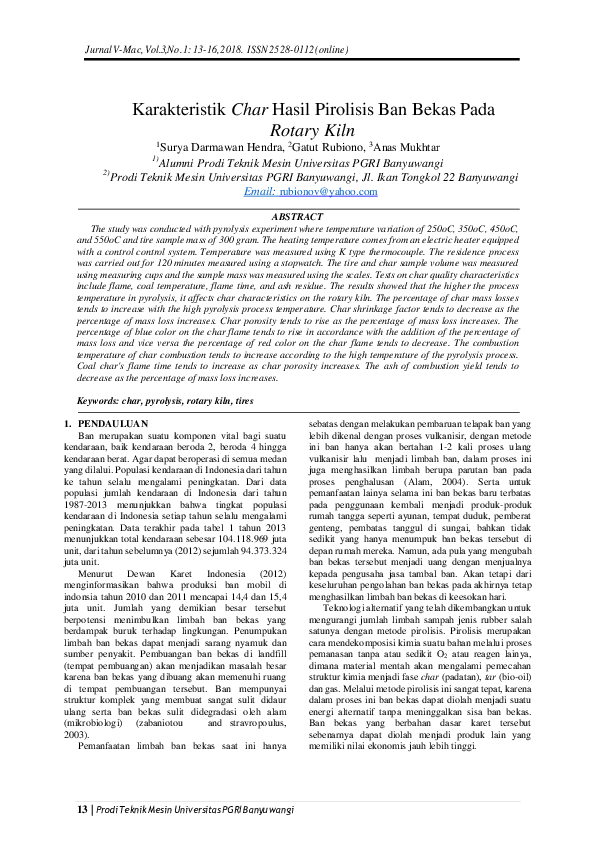 (PDF) Karakteristik Char Hasil Pirolisis Ban Bekas Pada Rotary Kiln ...