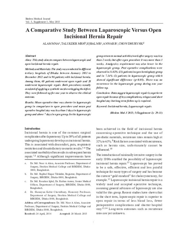 (PDF) A Comparative Study Between Laparoscopic Versus Open Incisional Hernia Repair