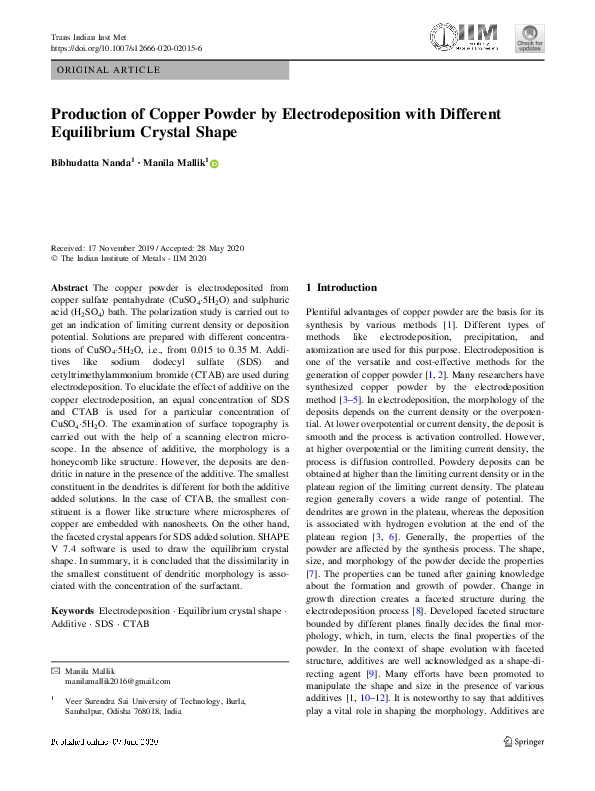 (PDF) Production of Copper Powder by Electrodeposition with Different ...