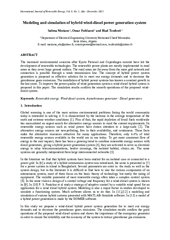 (PDF) Modeling and simulation of hybrid wind-diesel power generation system