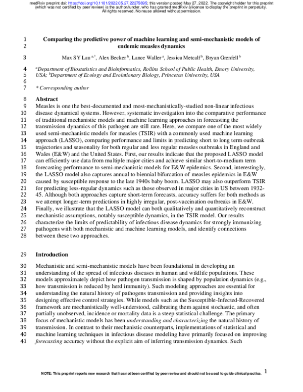 (PDF) Comparing the predictive power of machine learning and semi-mechanistic models of endemic ...