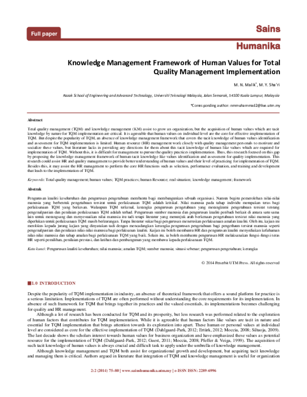 (PDF) Knowledge Management Framework of Human Values for Total Quality ...