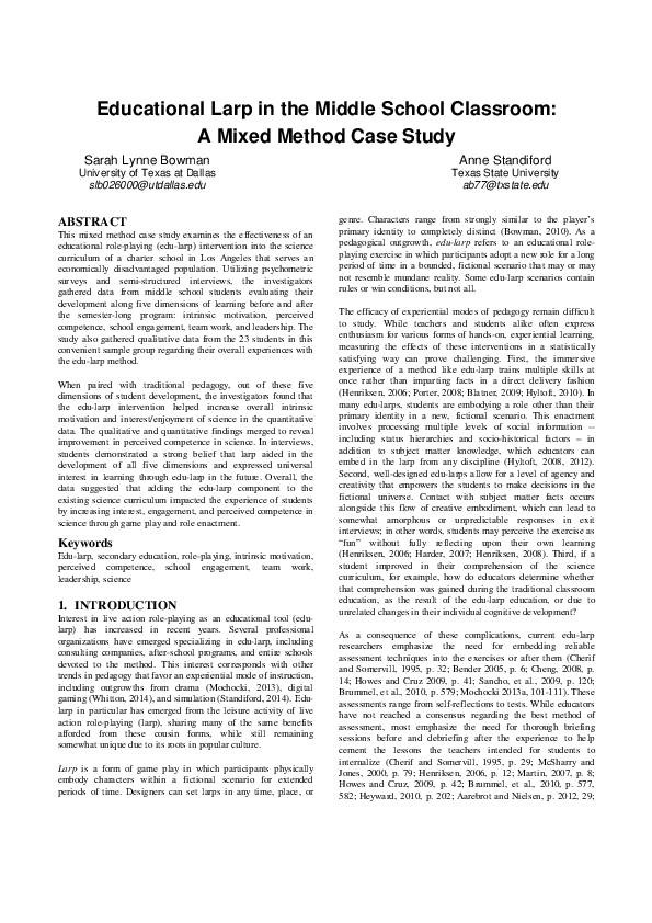 (PDF) Educational Larp in the Middle School Classroom : A Mixed Method ...