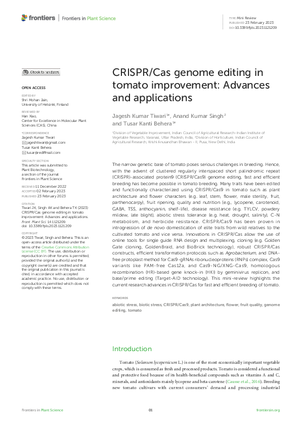 (PDF) CRISPR/Cas genome editing in tomato improvement: Advances and ...