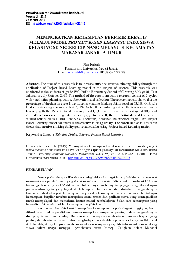 (PDF) Meningkatkan Kemampuan Berpikir Kreatif Melalui Model Project Based Learning Pada Siswa ...
