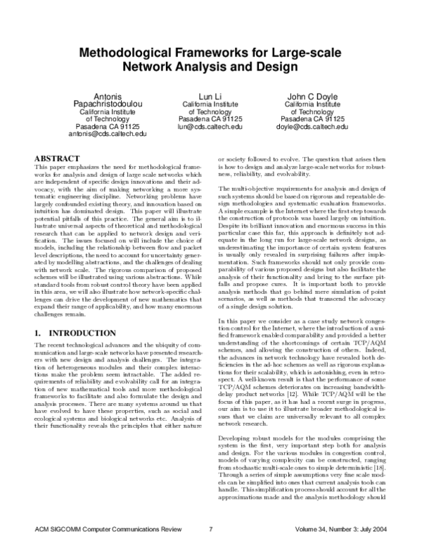 Pdf Methodological Frameworks For Large Scale Network Analysis And Design John Doyle
