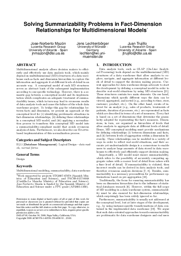 (PDF) Solving summarizability problems in fact-dimension relationships for multidimensional models