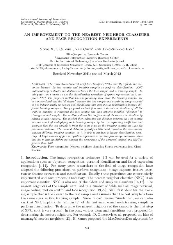 Pdf Enhanced Nearest Neighbor Classifier For Face Recognition
