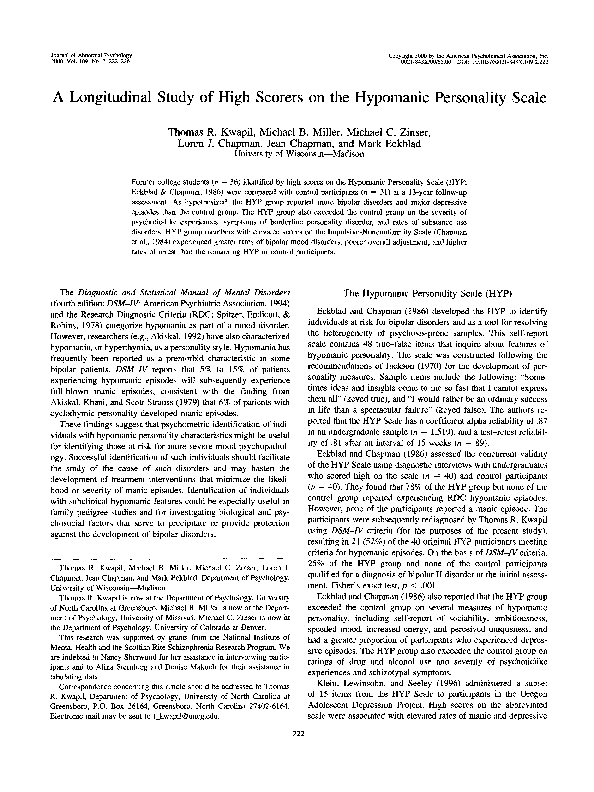(PDF) A longitudinal study of high scorers on the Hypomanic Personality ...