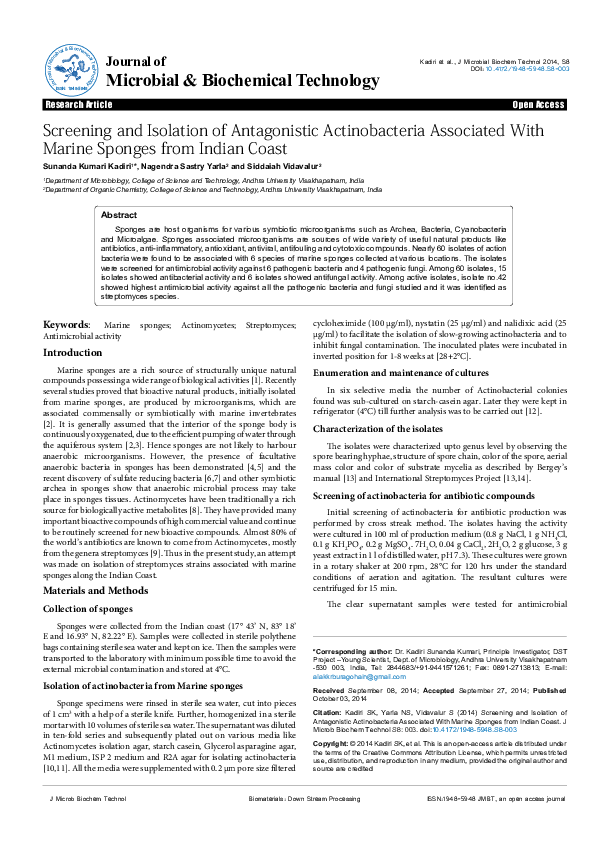(PDF) Screening and Isolation of Antagonistic Actinobacteria Associated With Marine Sponges from ...