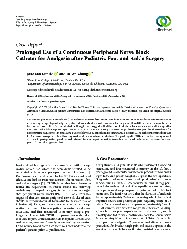 (PDF) Prolonged Use of a Continuous Peripheral Nerve Block Catheter for ...