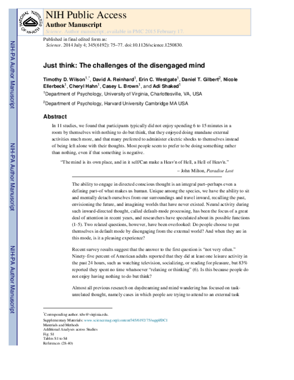 (PDF) Just think: The challenges of the disengaged mind