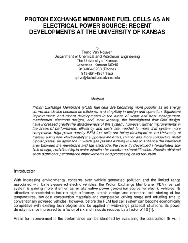 (PDF) Proton Exchange Membrane Fuel Cells as an Electrical Power Source: Recent Developments at ...