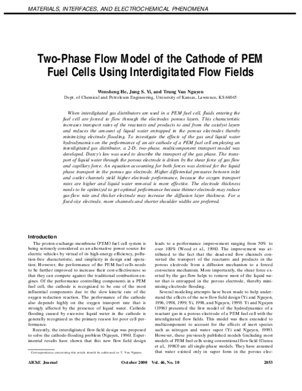 (PDF) Two-phase flow model of the cathode of PEM fuel cells using interdigitated flow fields