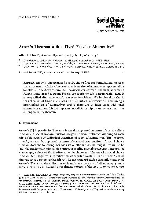 (PDF) Arrow's Theorem with a fixed feasible alternative