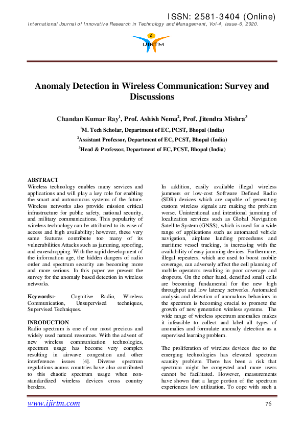 (PDF) Anomaly Detection in Wireless Communication: Survey and Discussions