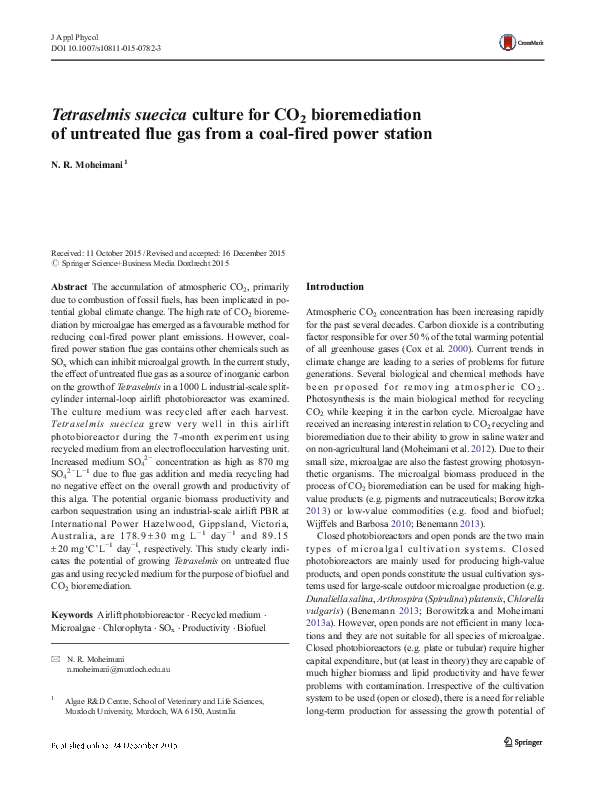 (PDF) Tetraselmis suecica culture for CO2 bioremediation of untreated ...