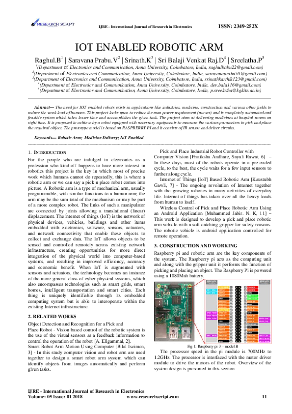 (PDF) IJRE-International Journal of Research in Electronics IOT ENABLED ROBOTIC ARM