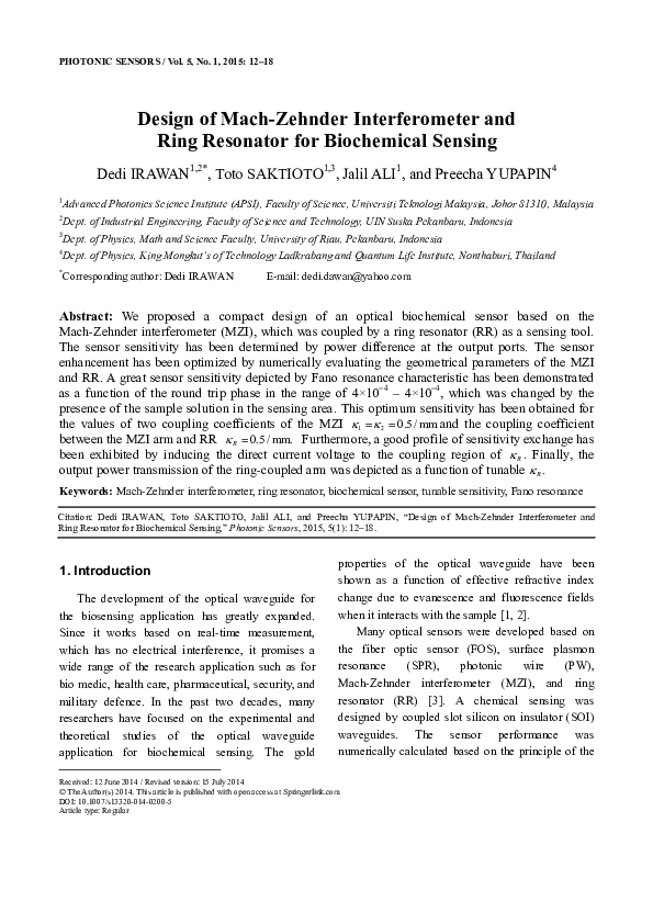 Pdf Design Of Mach Zehnder Interferometer And Ring Resonator For