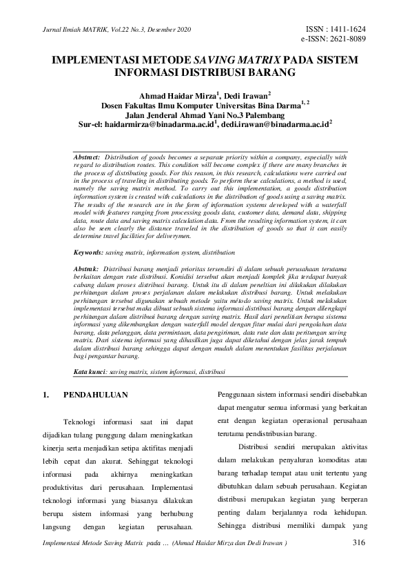 (PDF) Implementasi Metode Saving Matrix Pada Sistem Informasi Distribusi Barang