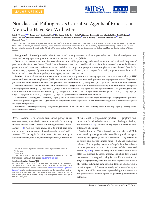 Pdf Nonclassical Pathogens As Causative Agents Of Proctitis In Men Who Have Sex With Men