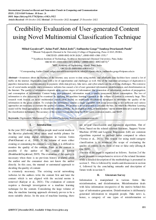 (PDF) Credibility Evaluation of User-generated Content using Novel Multinomial Classification ...