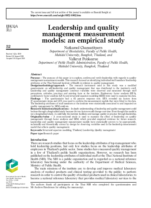 (PDF) Leadership and quality management measurement models: an ...